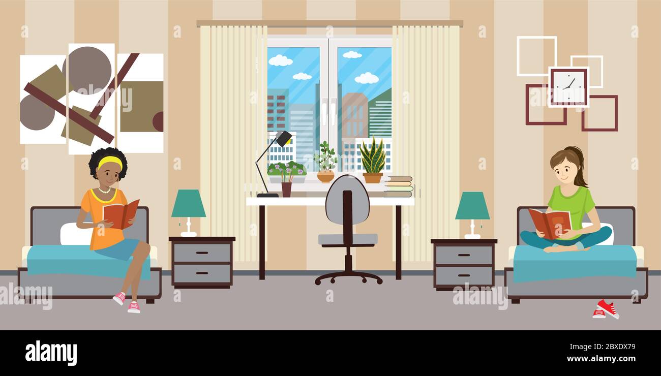 Cartoon teen female students in dormitory room. Girl characters ...