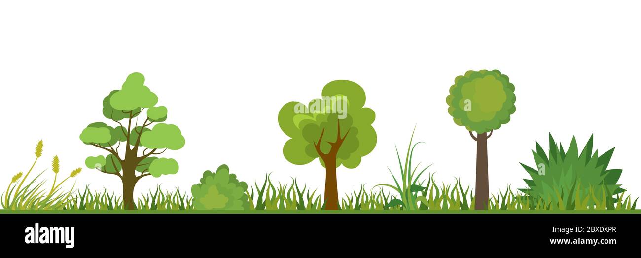 Nature landscape- Trees, shrubs, flowers and grass,flat vector ...