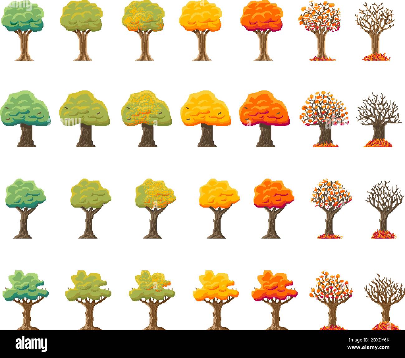 Indie-style set of autumn treesin an 8-bit indie arcade game. pixel art ...