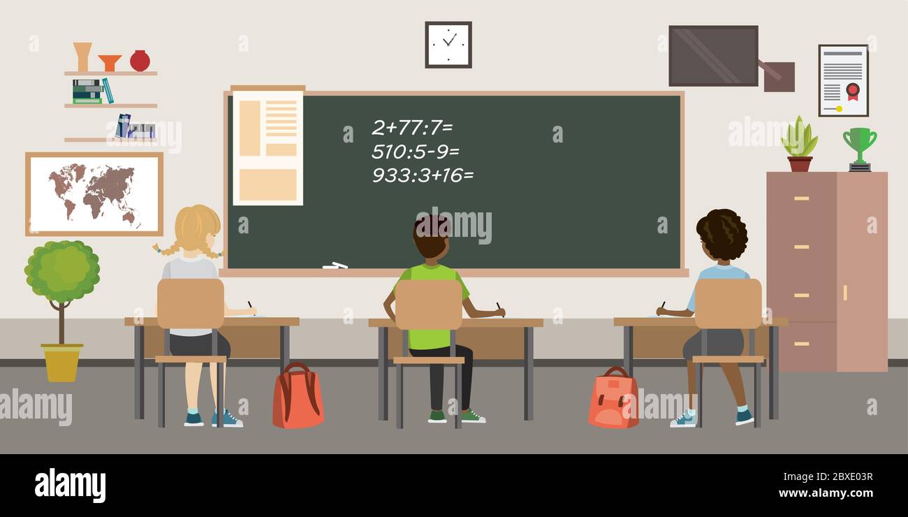 School room interior,Pupils at the lesson,classroom with furniture,flat ...