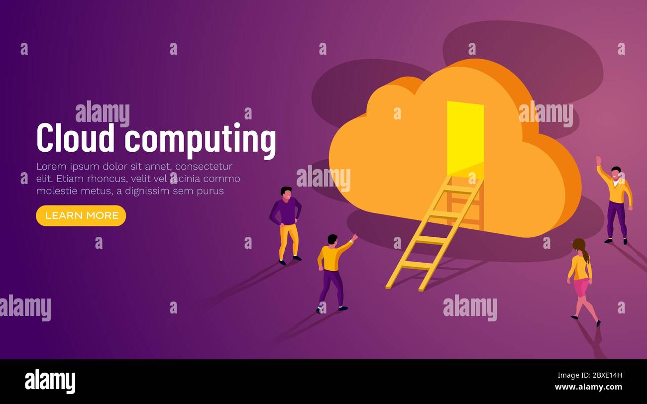 Door to innovation. Cloud computing. Group of people standing around ...