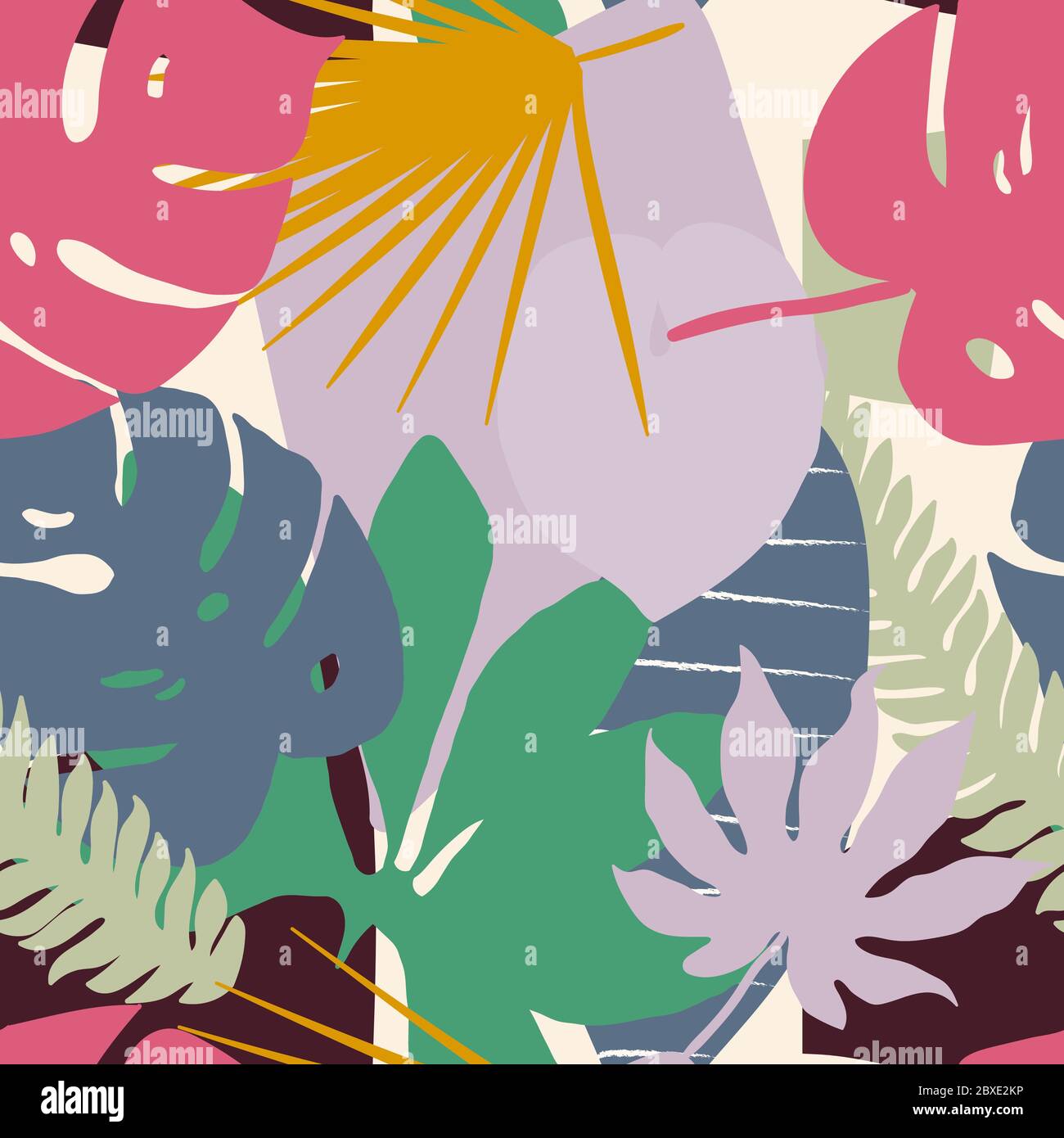 Bright, multi-color seamless pattern with elements of tropical leaves ...