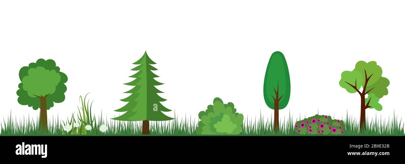 Nature landscape- Trees, shrubs, flowers and grass,flat vector ...