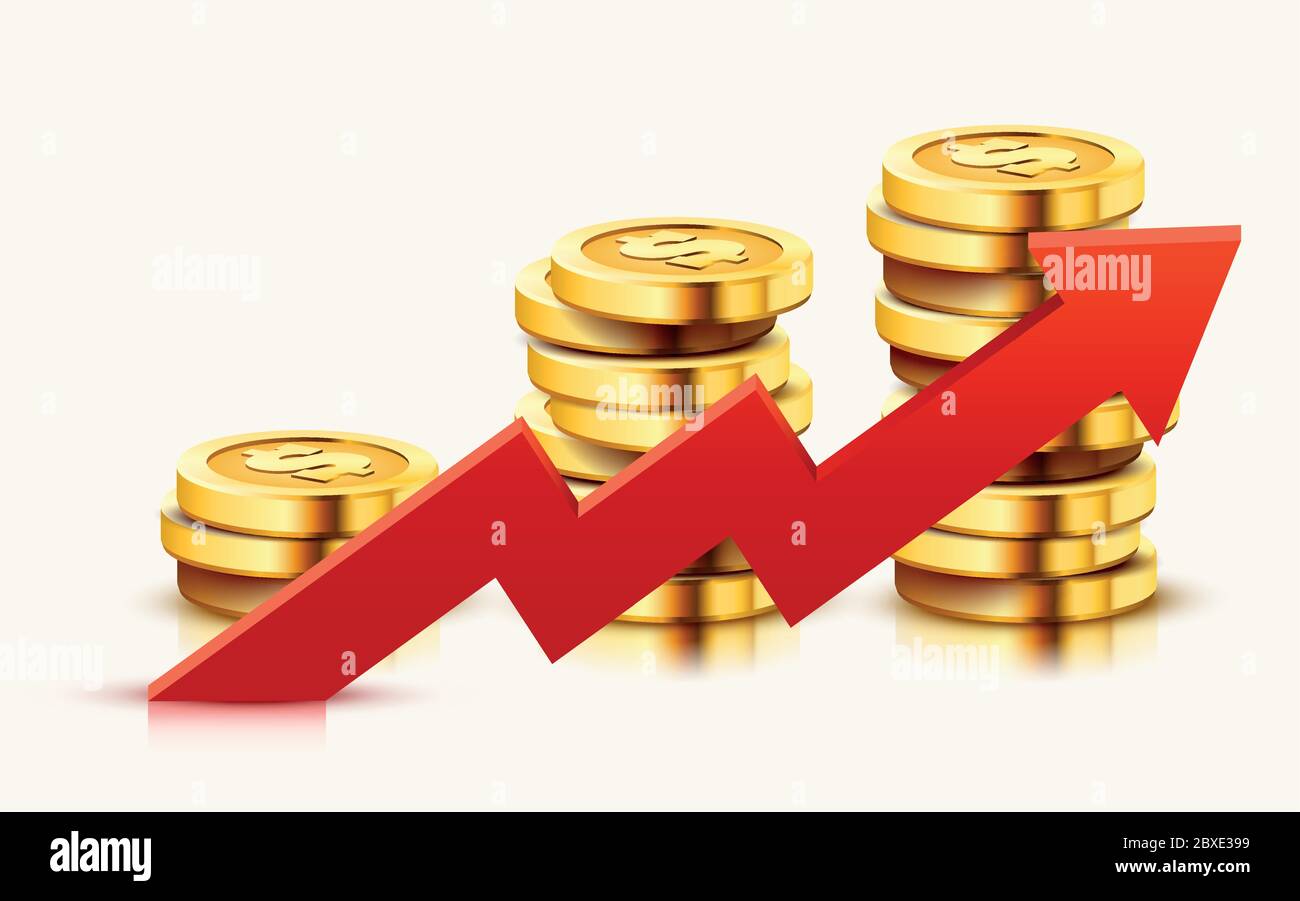 Growing stack of golden dollar coins with rising arrow isolated on ...