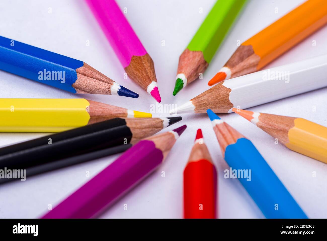 Top view on multi colored pencils rotating on white background. Close ...