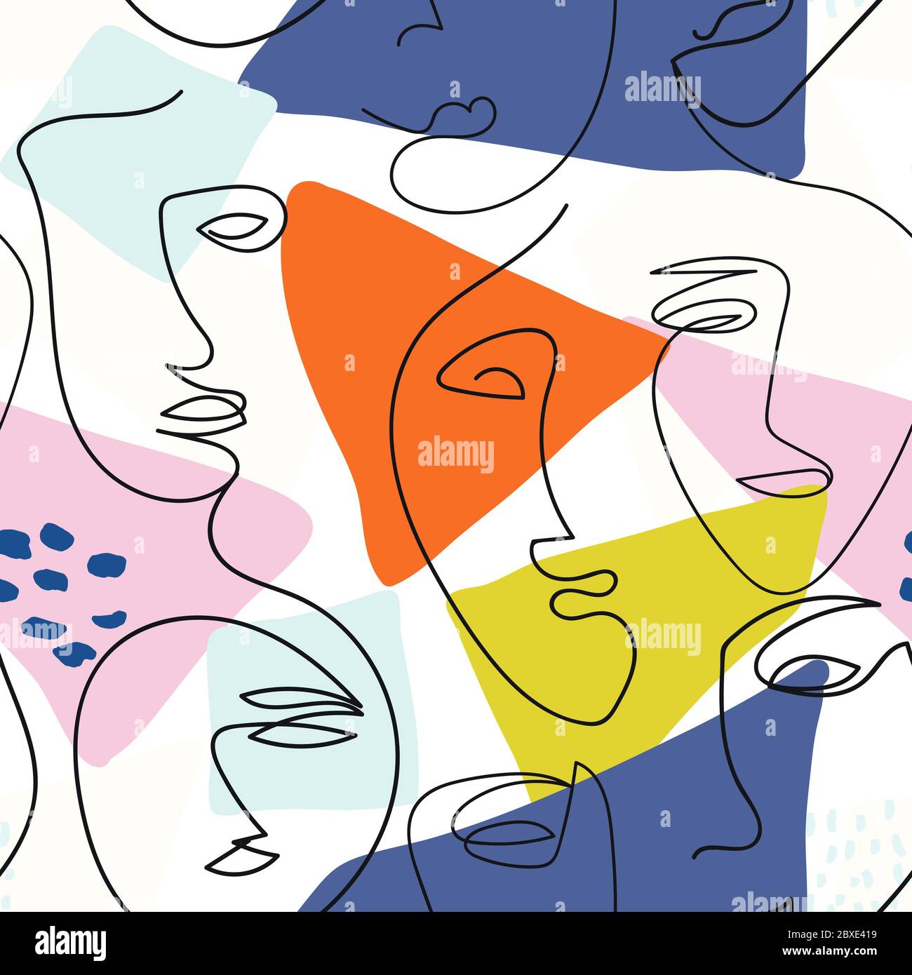 Modern one line face seamless pattern with abstract background. For ...