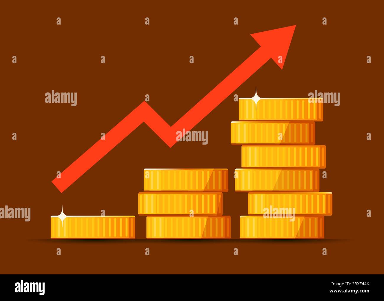 Growing stack of golden dollar coins with rising arrow background ...
