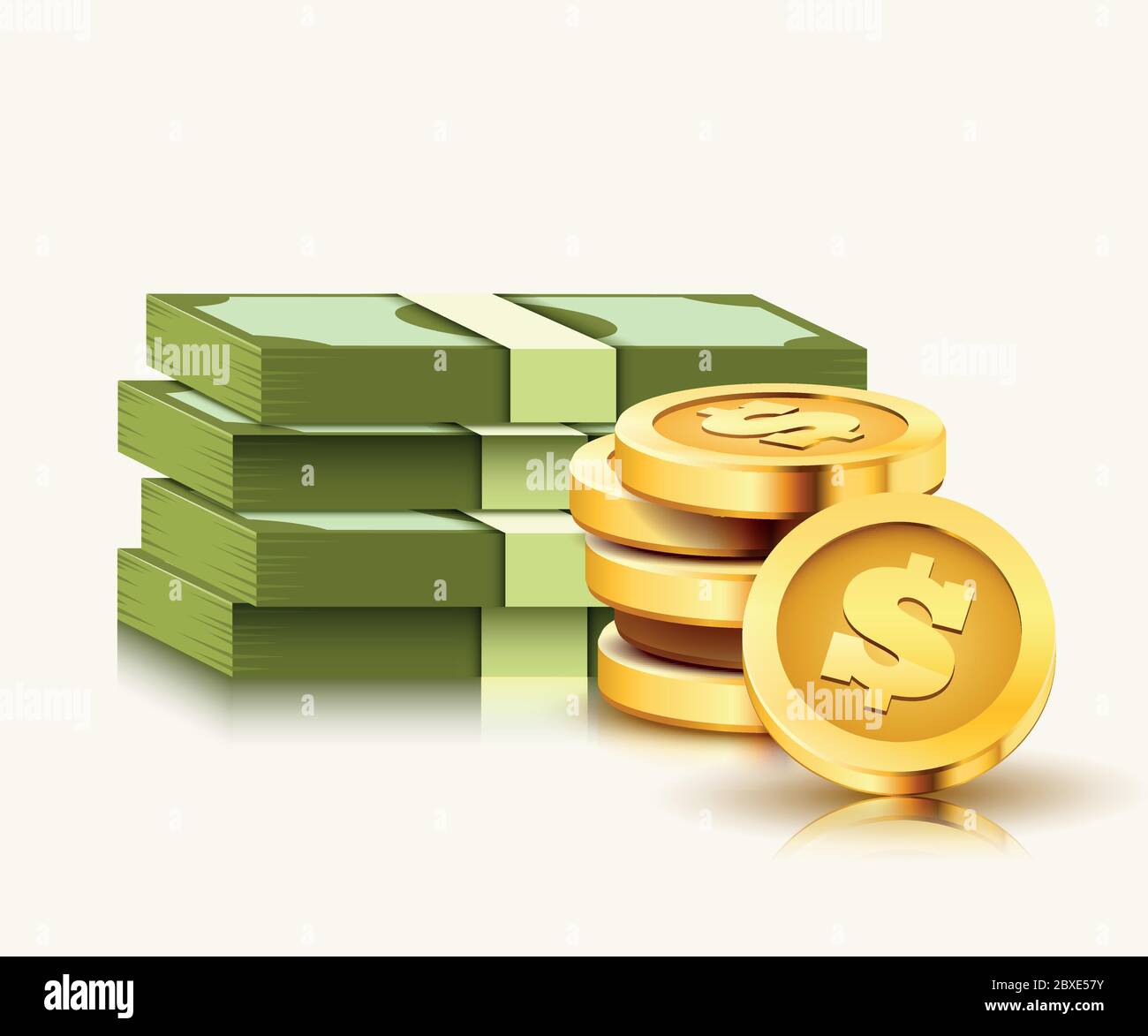 Stack of paper dollars and golden coins isolated on white background ...