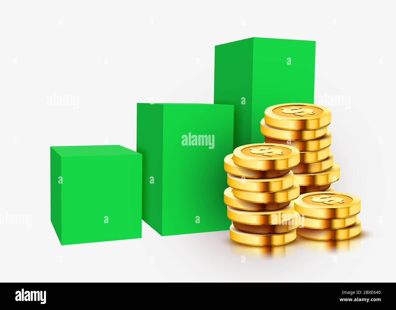 Growing stack of golden dollar coins with rising graph isolated on ...