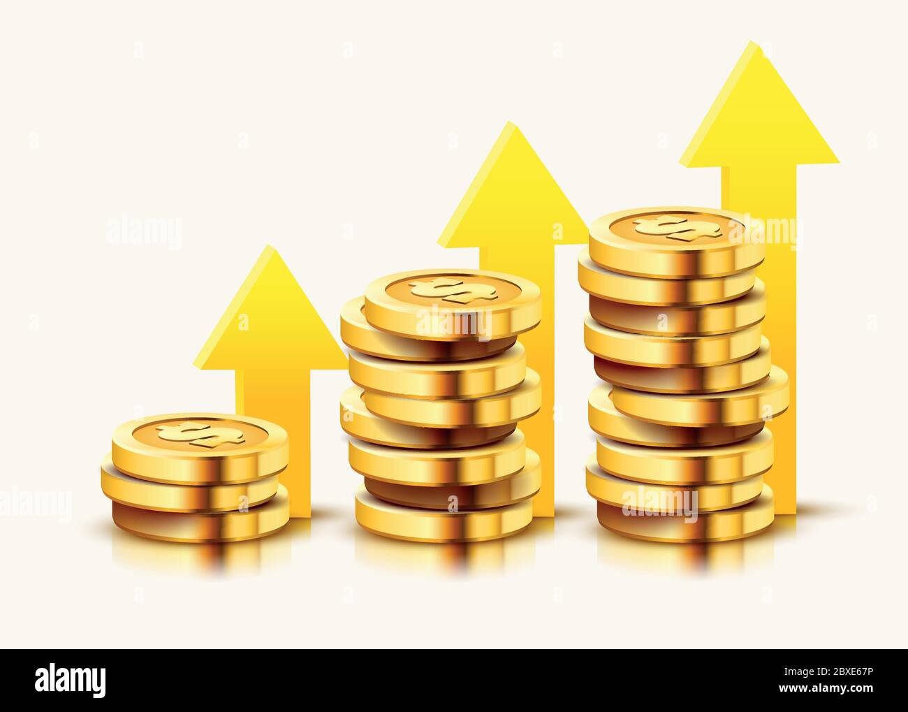Growing stack of golden dollar coins with rising arrow isolated on ...