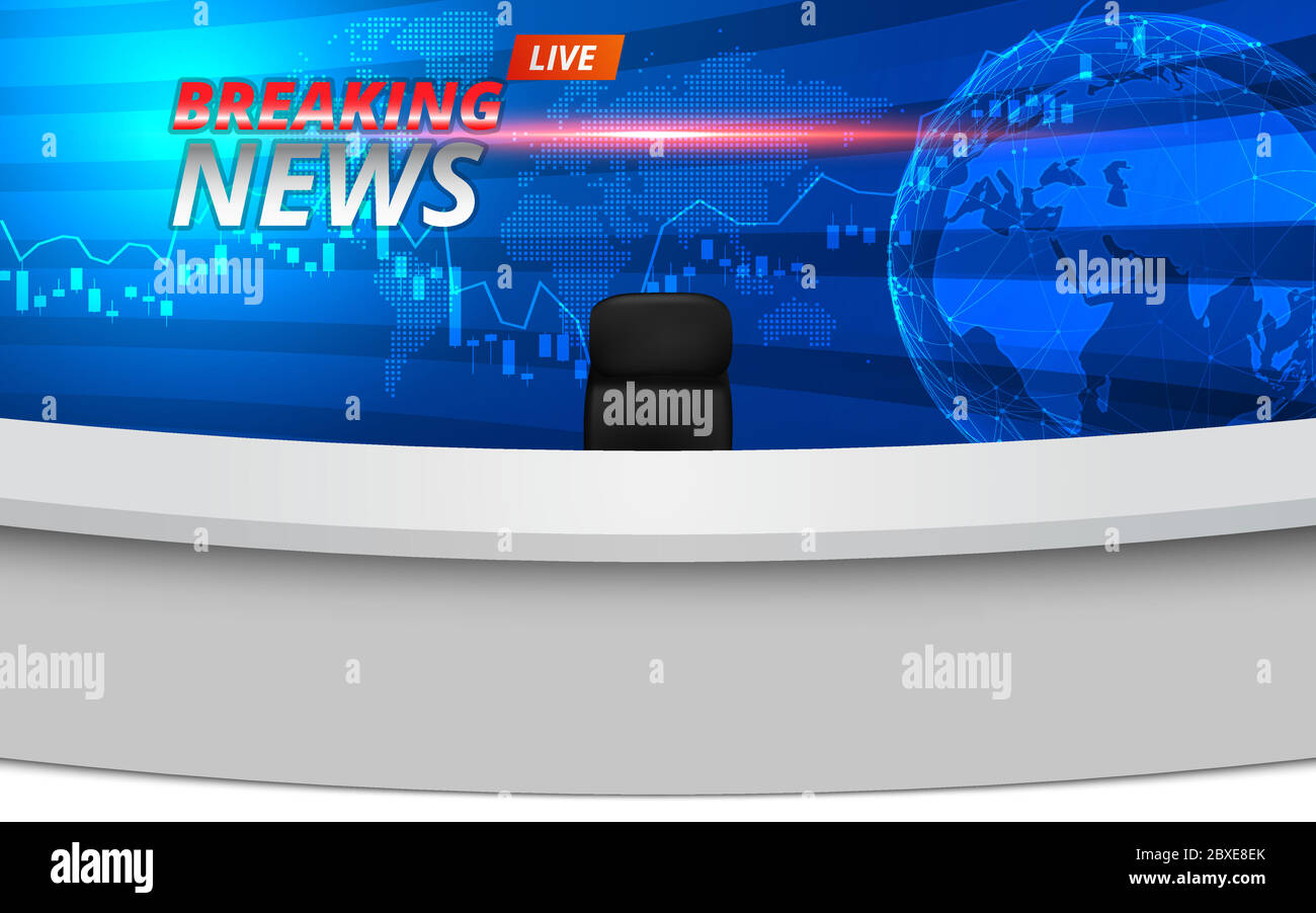 white table and chairs with breaking news live on lcds background in ...