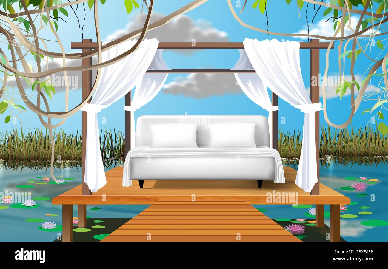 white bed on the wooden board on the river in the day time Stock Vector ...