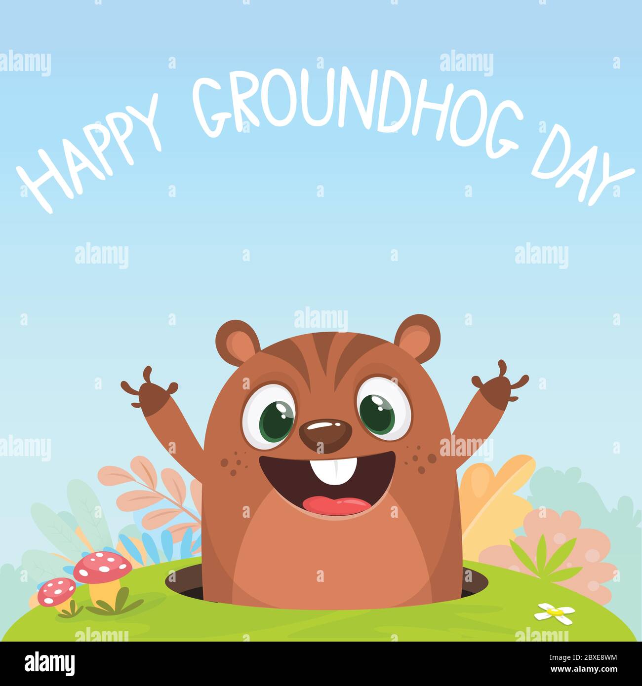 Cartoon groundhog looking out of a burrow in a meadow with green grass ...