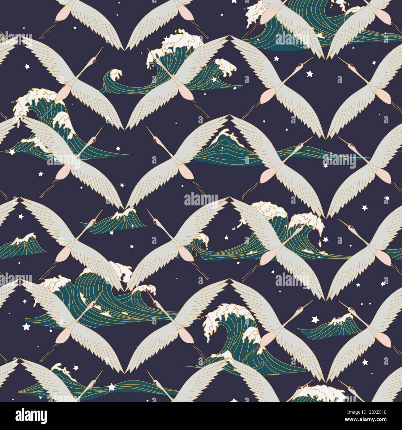 seamless pattern with white japanese cranes on a background of night ...