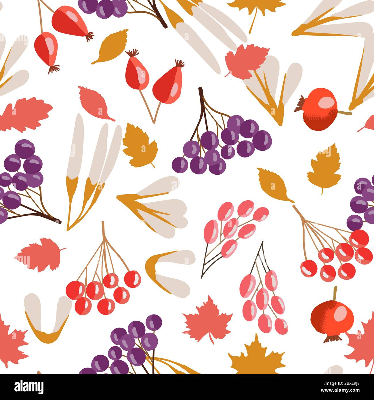 Autumn seamless pattern, September colored leaves, rose hip, berries ...