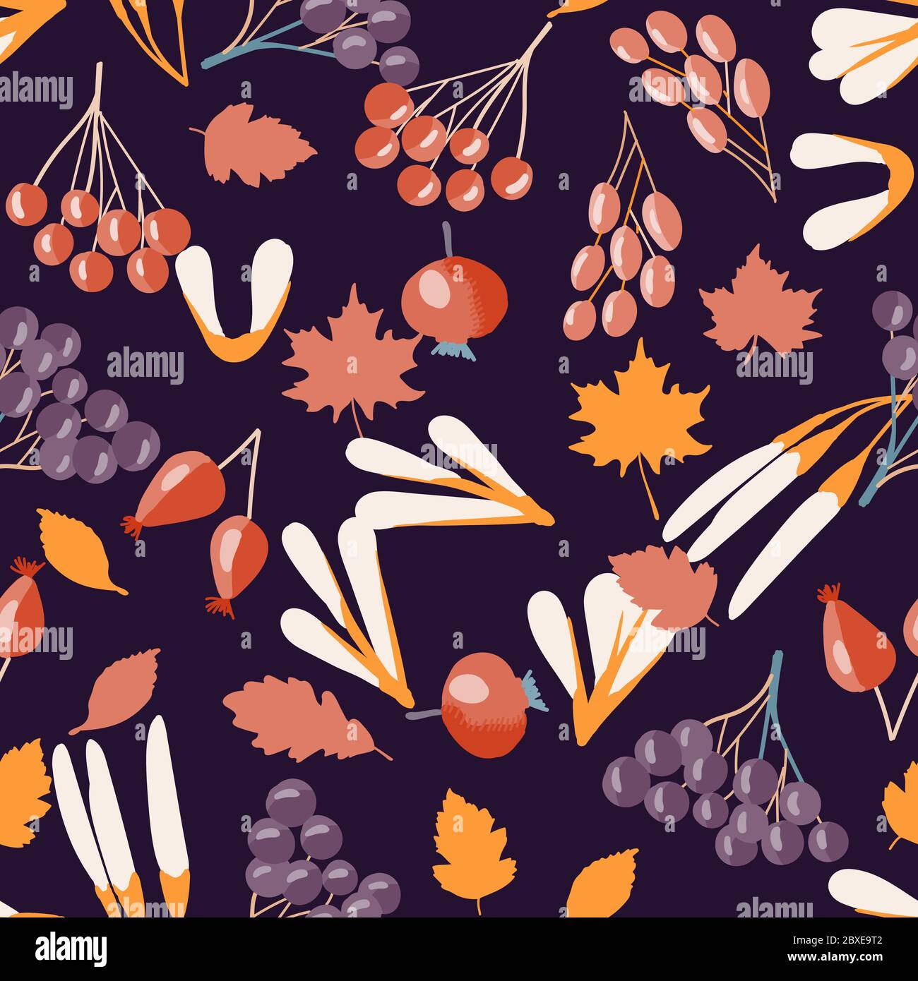 Autumn seamless pattern, September colored leaves, rose hip, berries ...