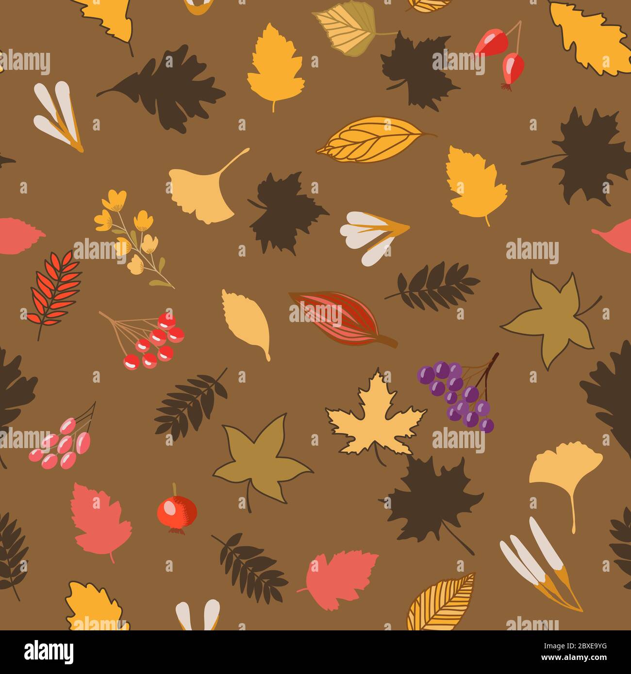 Autumn seamless pattern, September colored leaves, rose hip, berries ...
