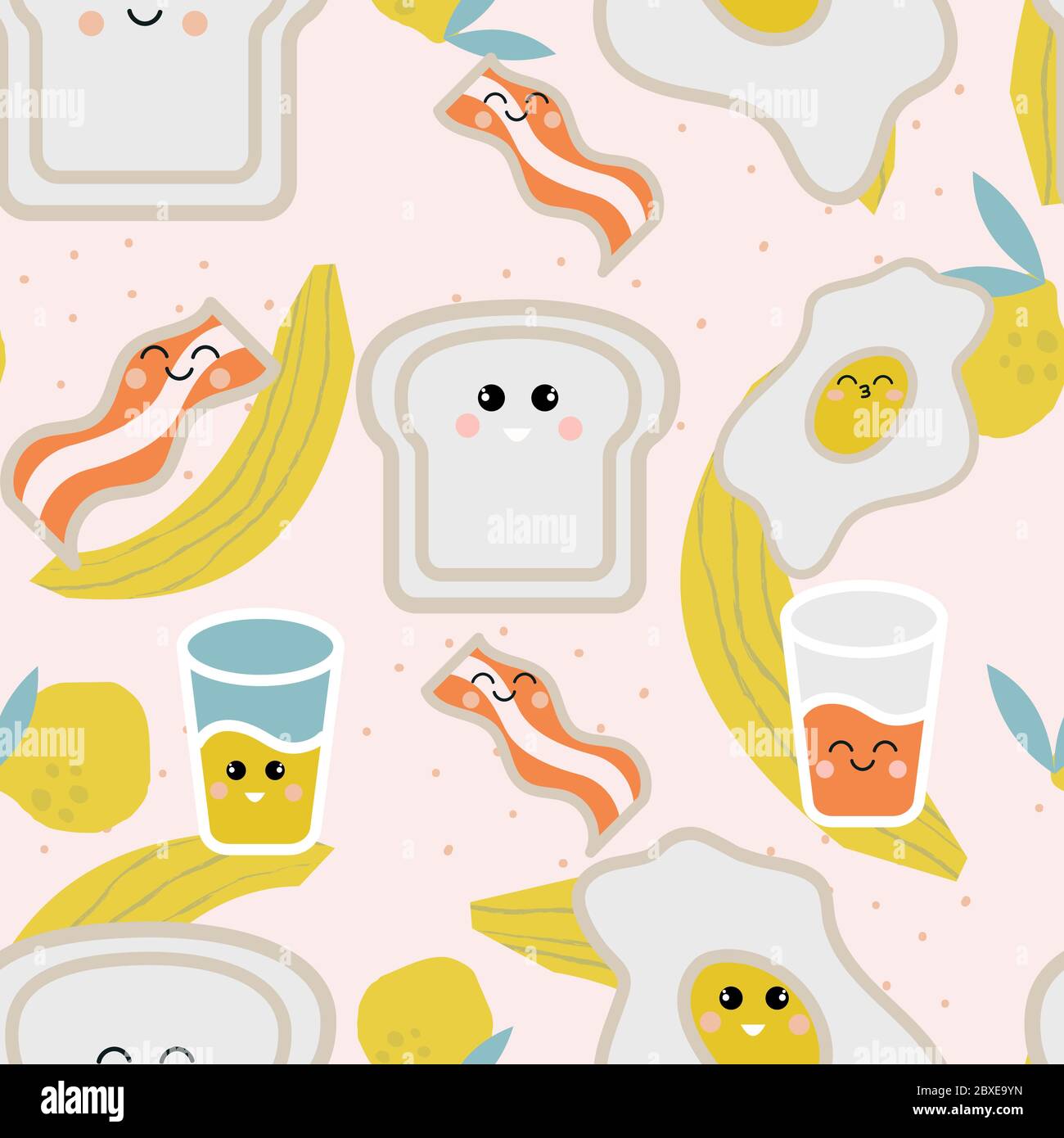 Kawaii seamless pattern with cute breakfast. Background with products ...