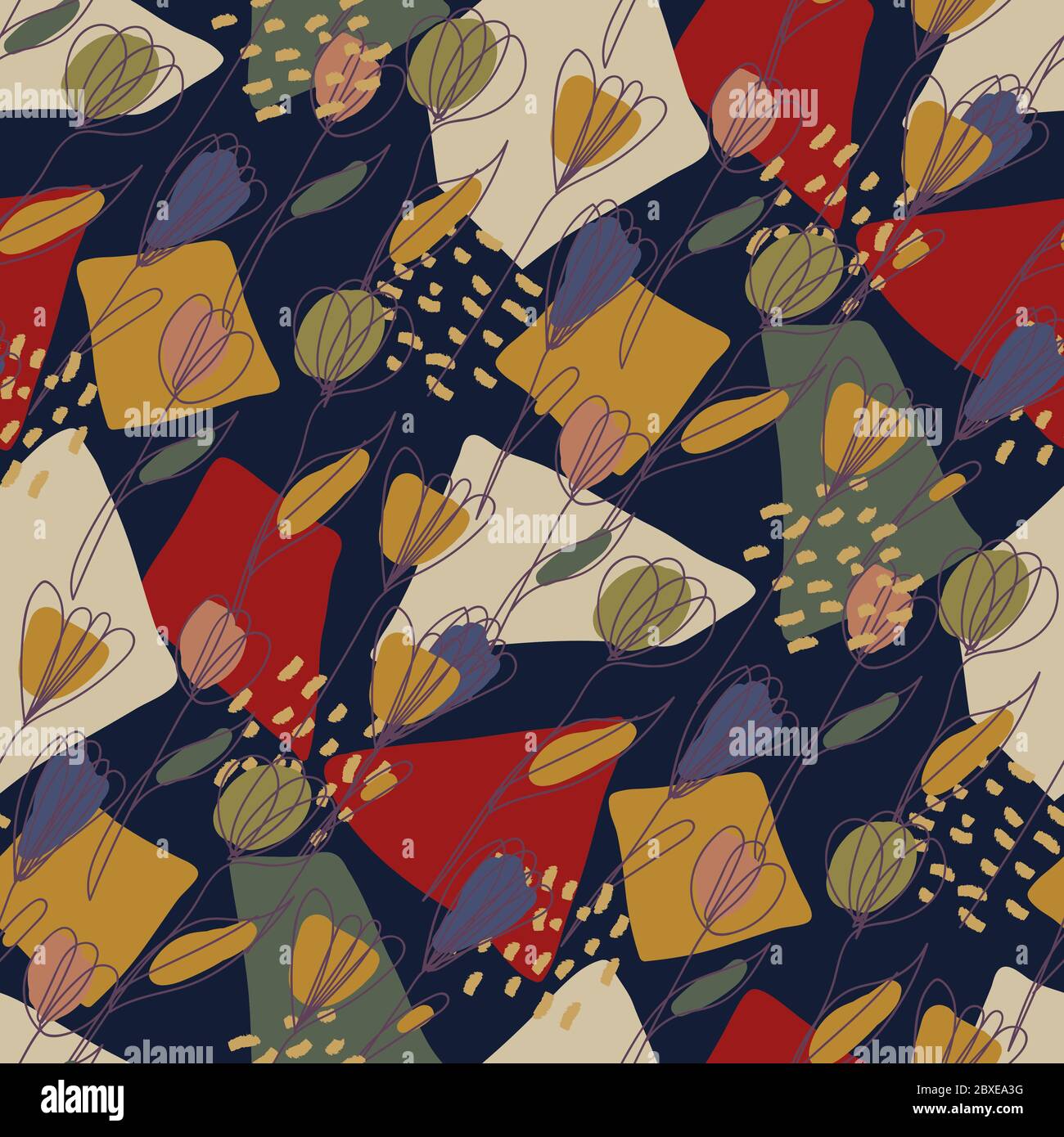 modern collage, seamless pattern with one line flowers. Tulip blossom ...