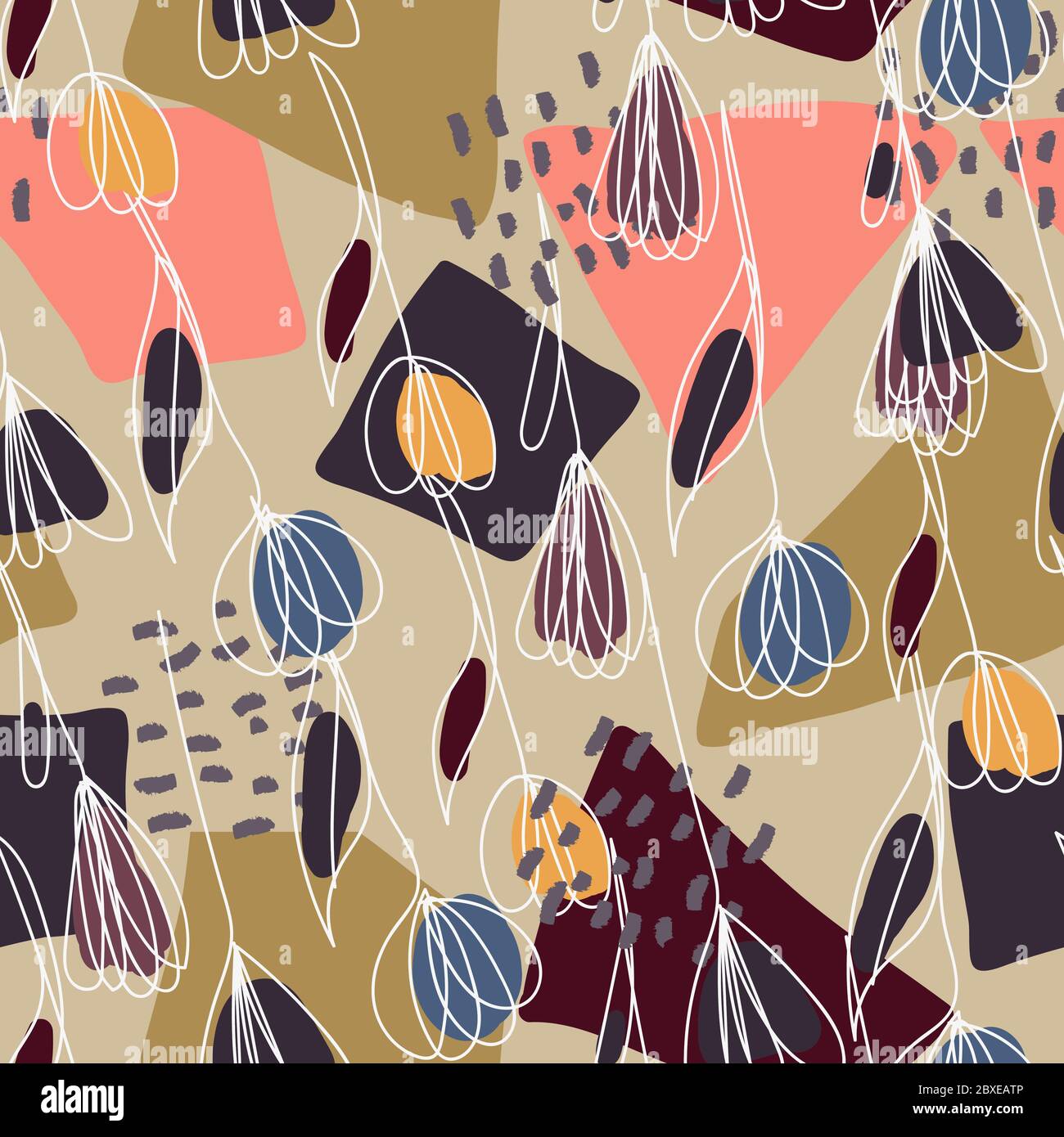 modern collage, seamless pattern with one line flowers. Tulip blossom ...