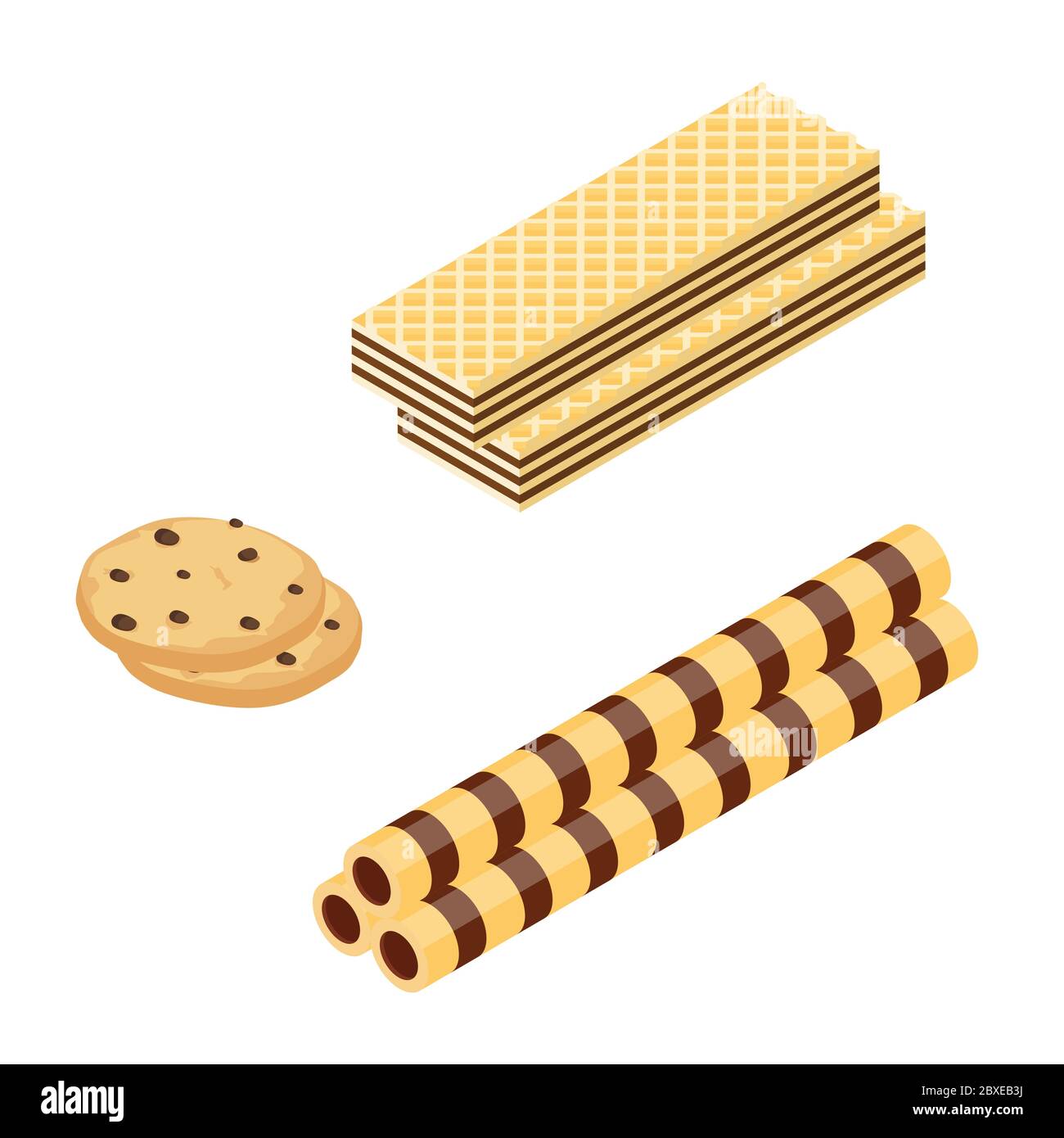 Chocolate or Cocoa cookie, waffle and crispy wafer sticks isometric ...