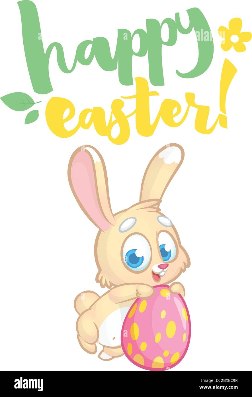 Happy Easter lettering card with cartoon bunny rabbit. Hand drawn ...