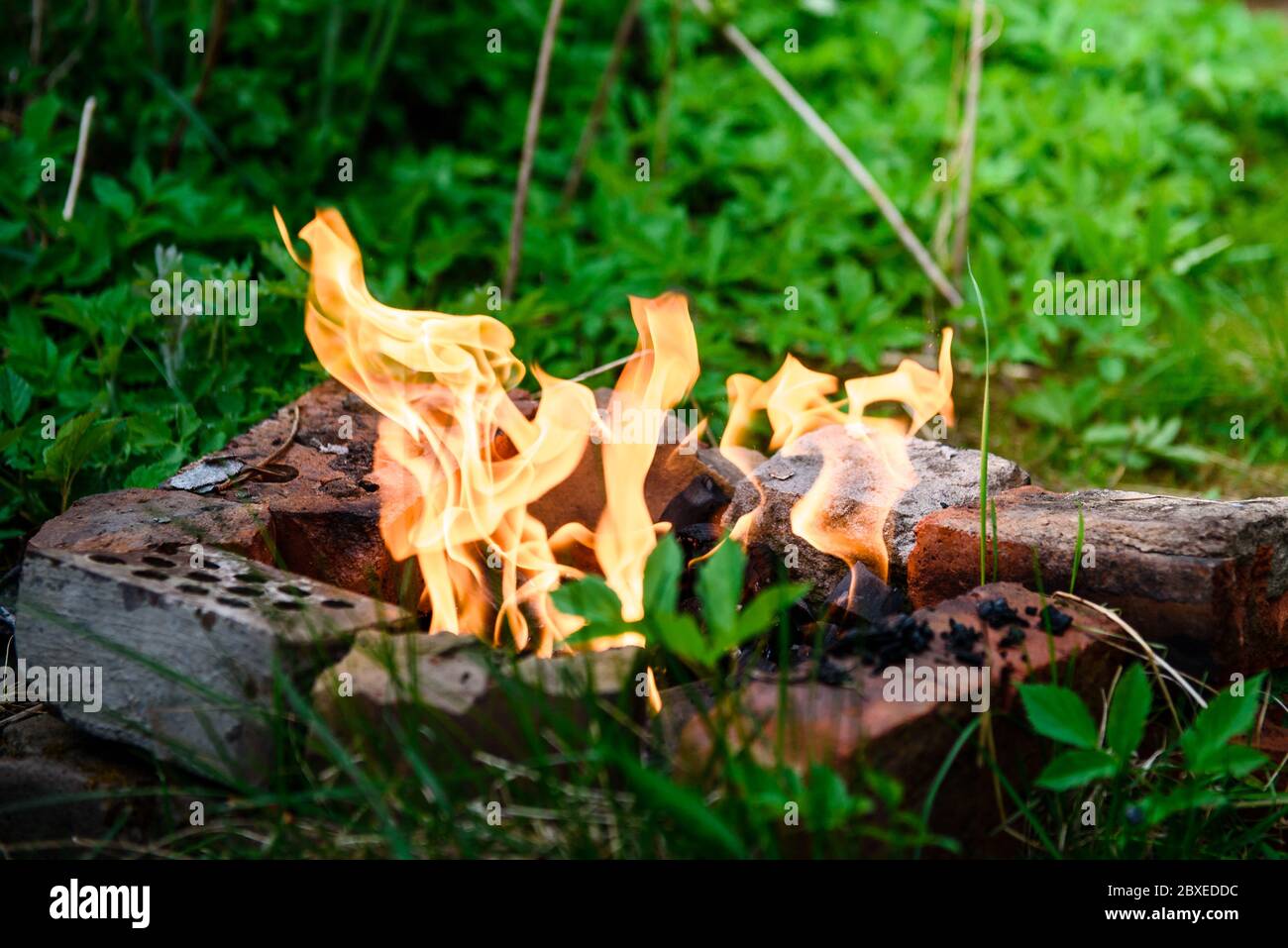 A fire built on bricks is a homemade barbecue grill. Summer picnic ...