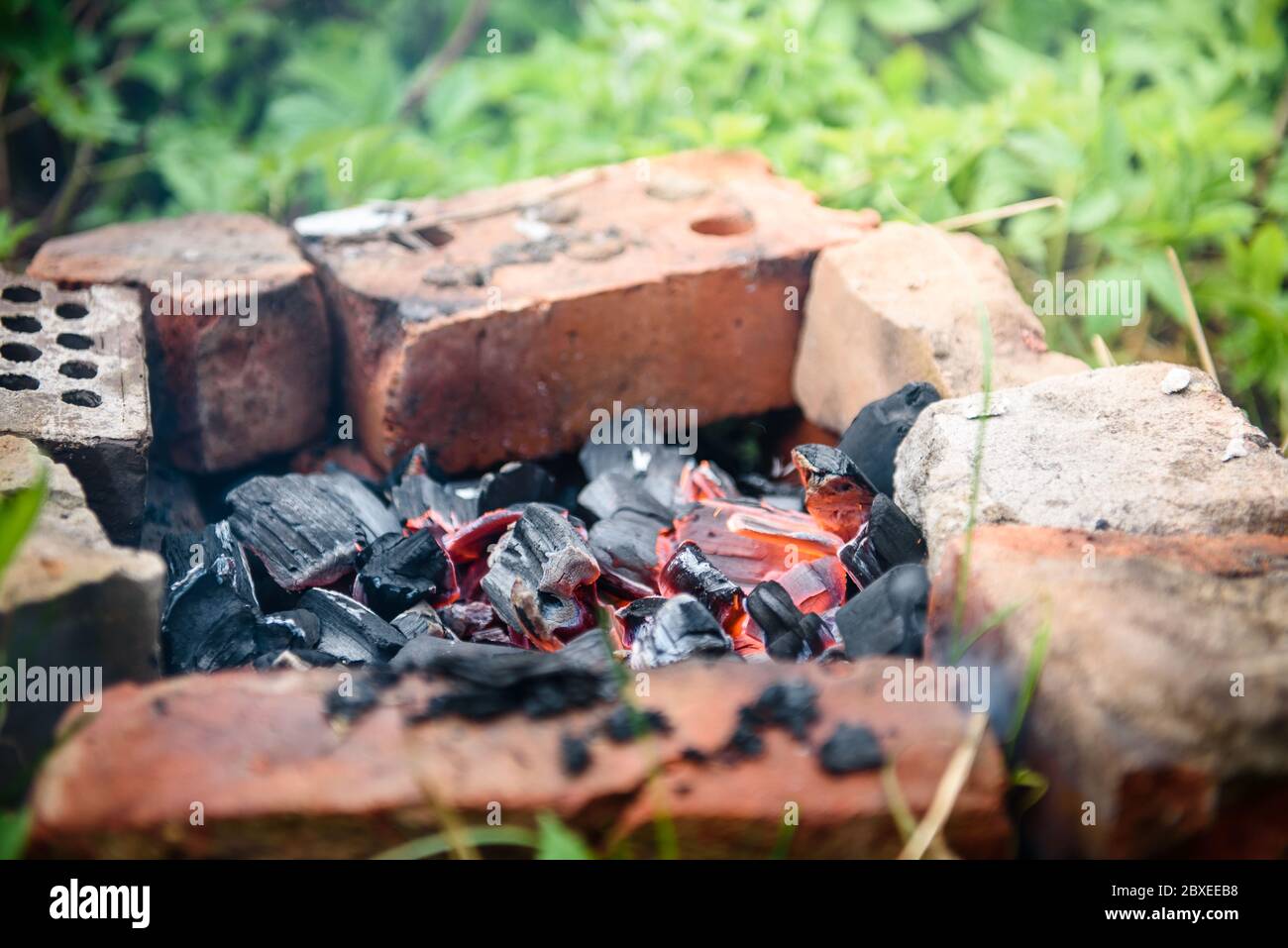 fire was made of bricks laid on the ground. Picnic barbecue camping in ...
