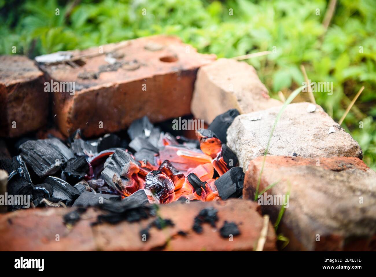 fire was made of bricks laid on the ground. Picnic barbecue camping in ...