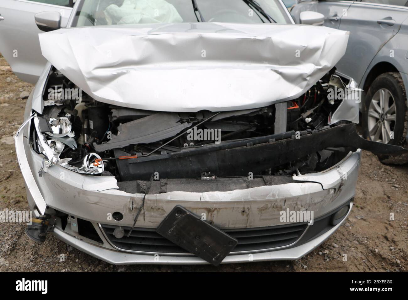 Wrecked car hood and engine in a junkyard close-up, Tennessee Stock ...