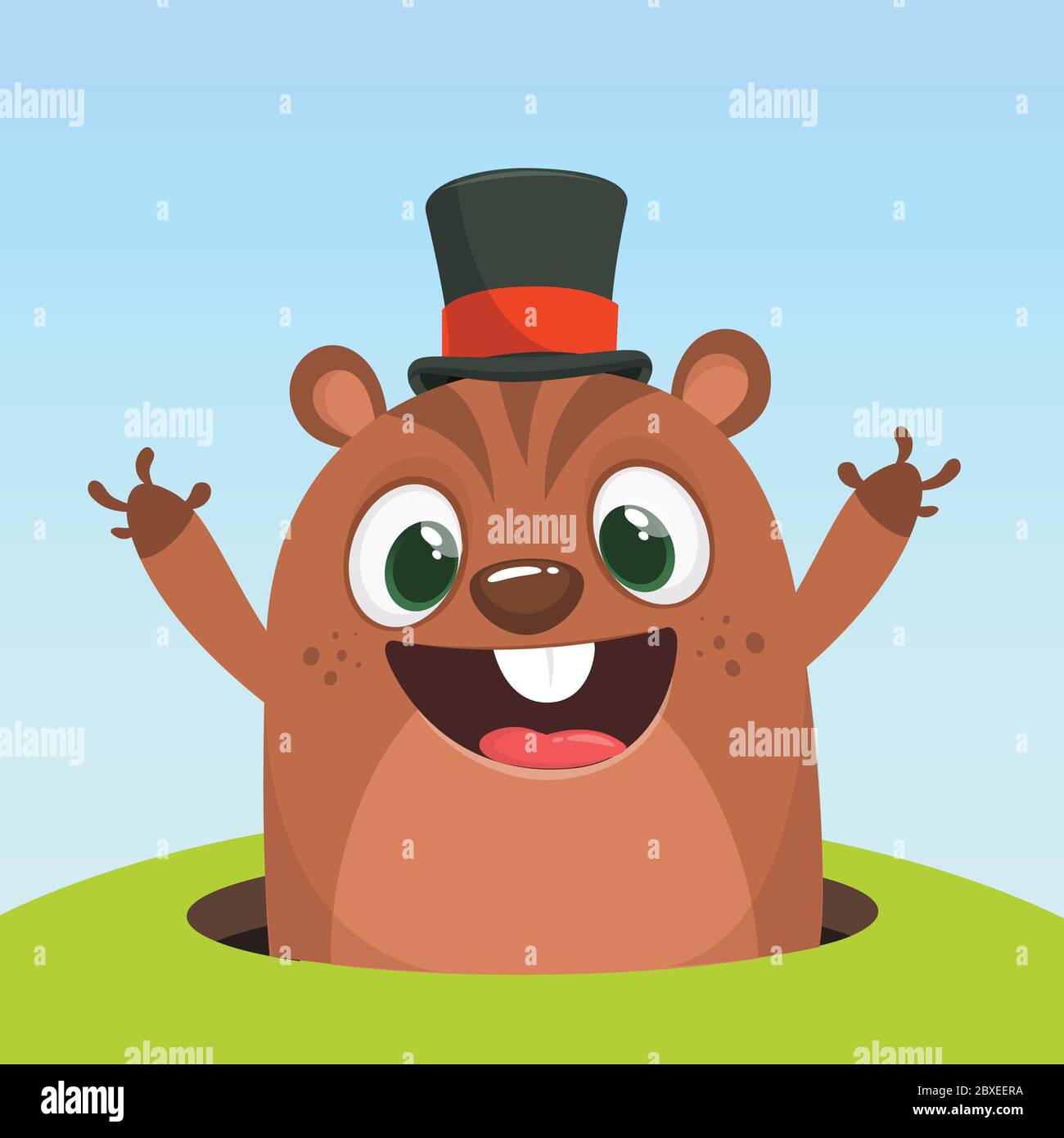 Cartoon cute marmot looking out of a burrow. Happy groundhog day ...