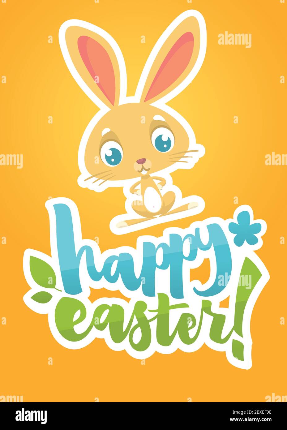 Happy Easter lettering card with cartoon bunny rabbit. Hand drawn ...