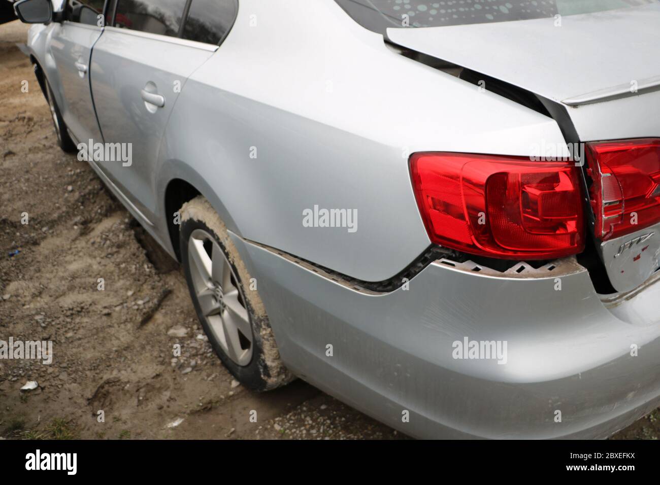 Wrecked car frame and trunk in a junkyard close-up, Tennessee Stock ...