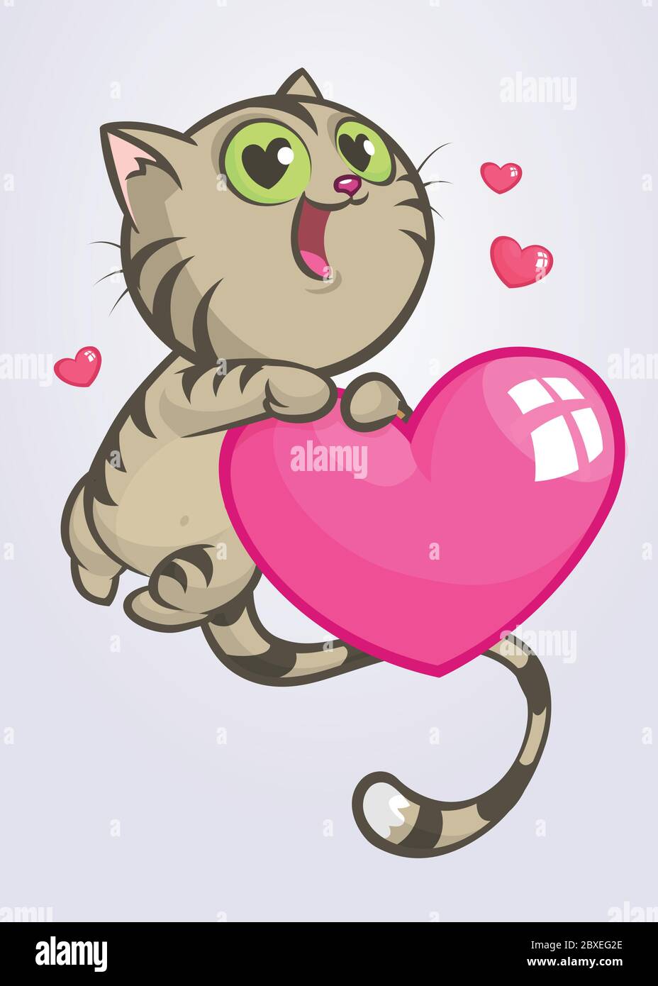 Cartoon funny kitty holding a love heart. Vector illustration of a cat ...