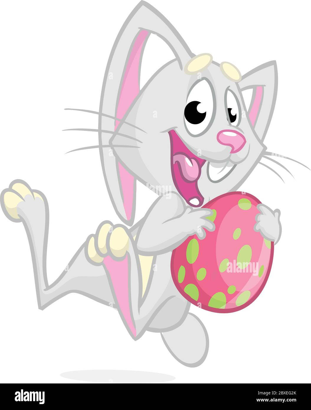 Easter bunny jumping with colored egg. Vector illustration of a grey ...