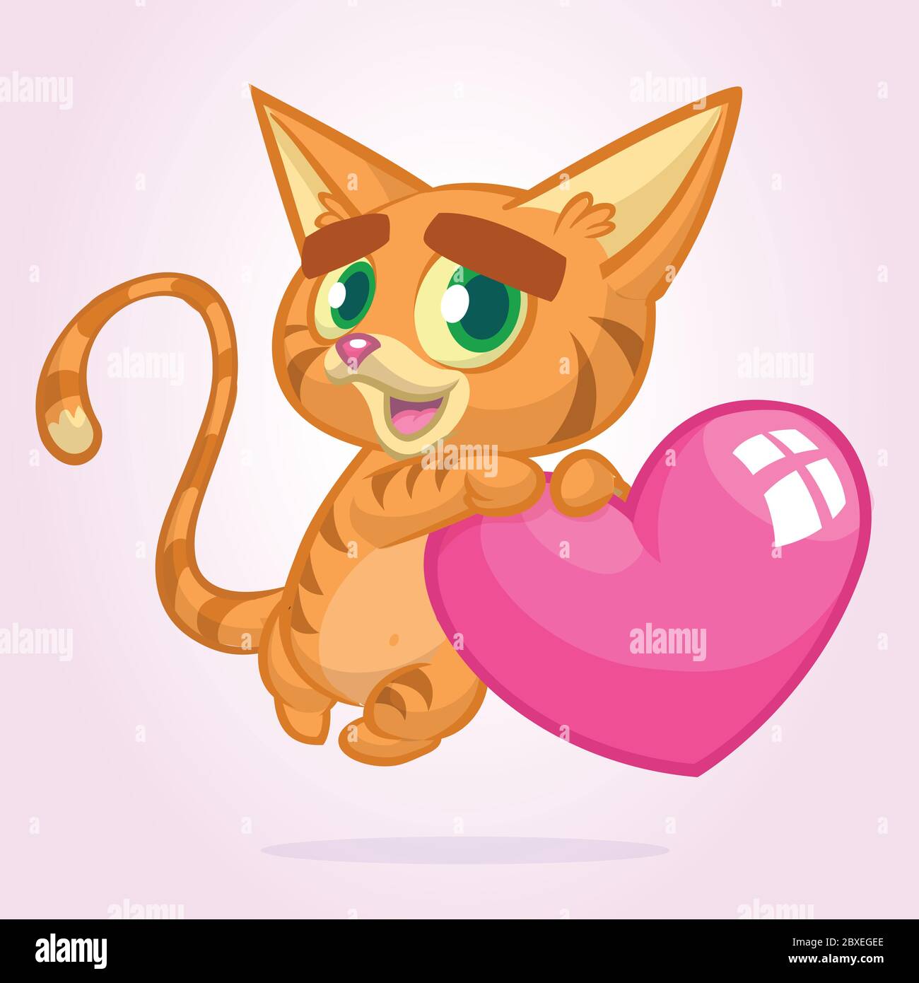Cartoon funny kitty holding a heart love. Vector illustration for St ...