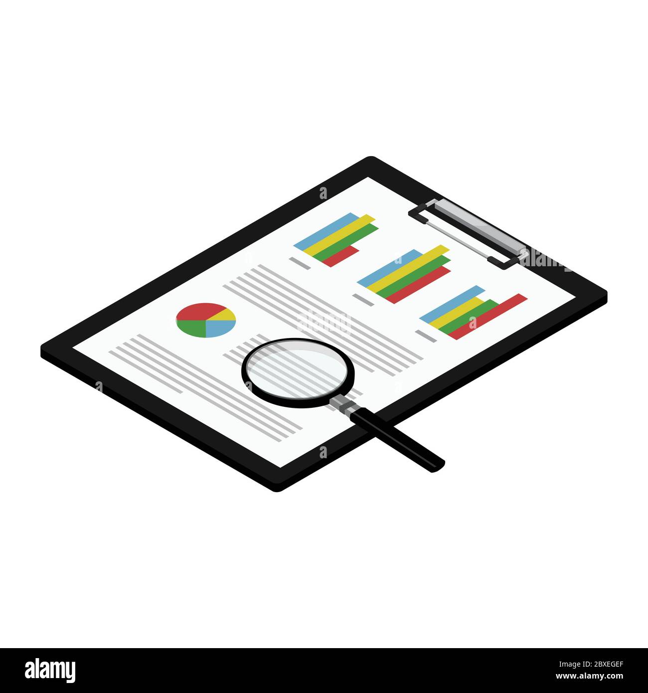 Report, business report with graphs on black clipboard and magnifying ...