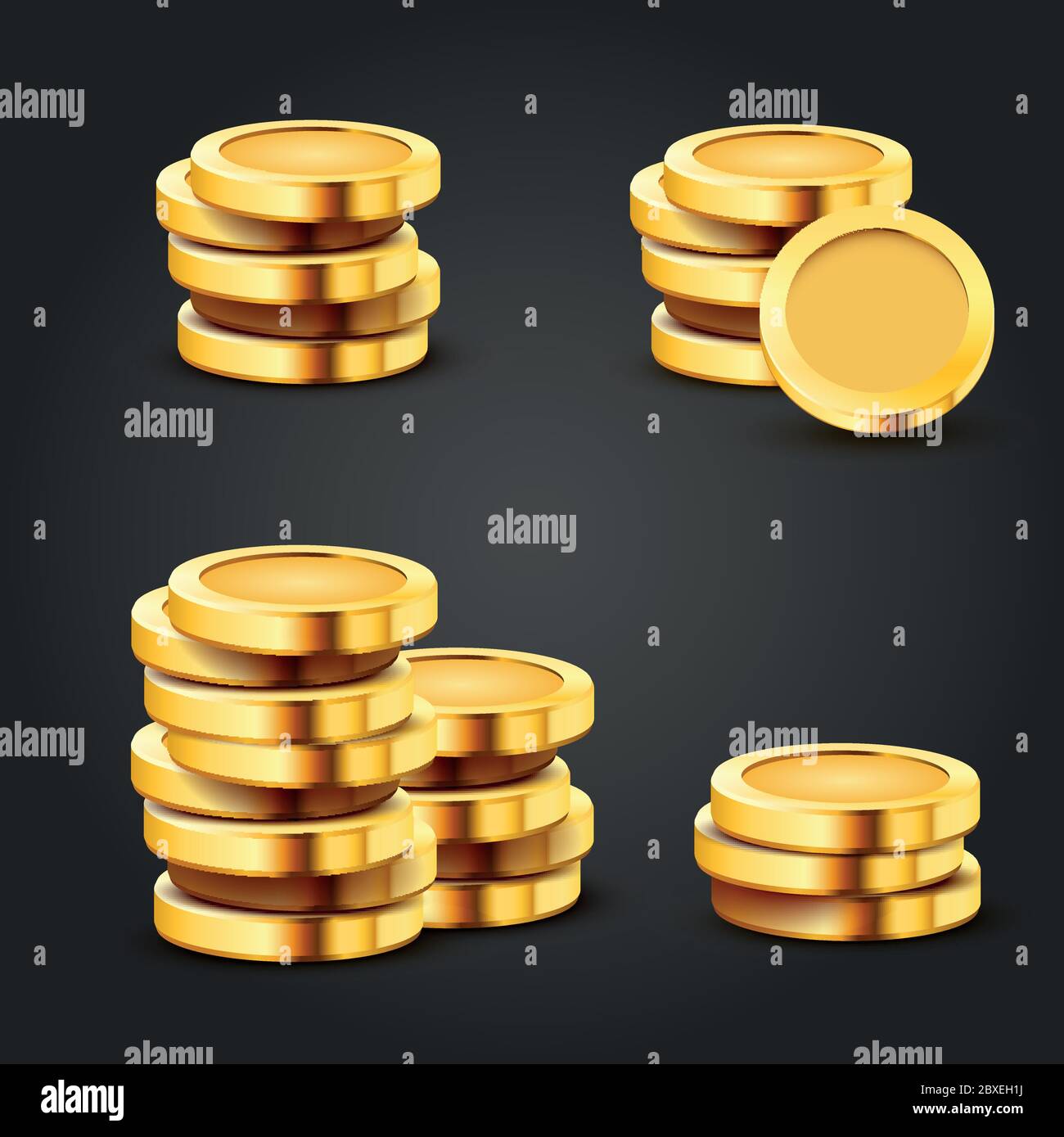 Set of golden stack dollar coins isolated on dark background. Economics ...