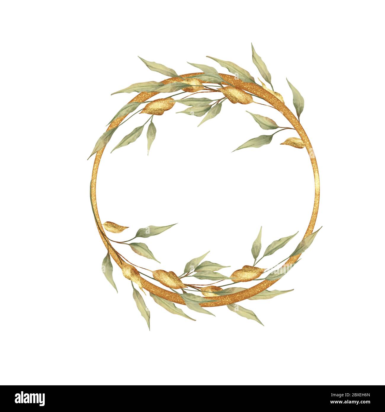 Watercolor green leaves and gold round frame Stock Photo - Alamy