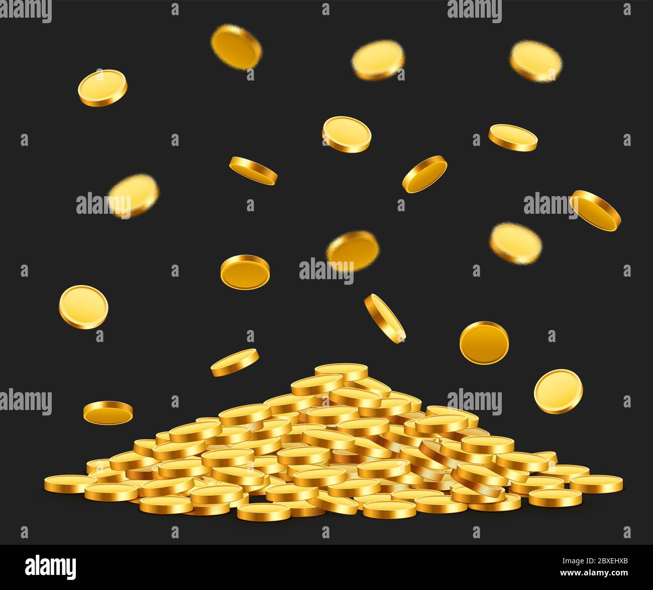 Falling coins, falling money, flying gold coins, golden rain. Jackpot or success concept. Modern ...
