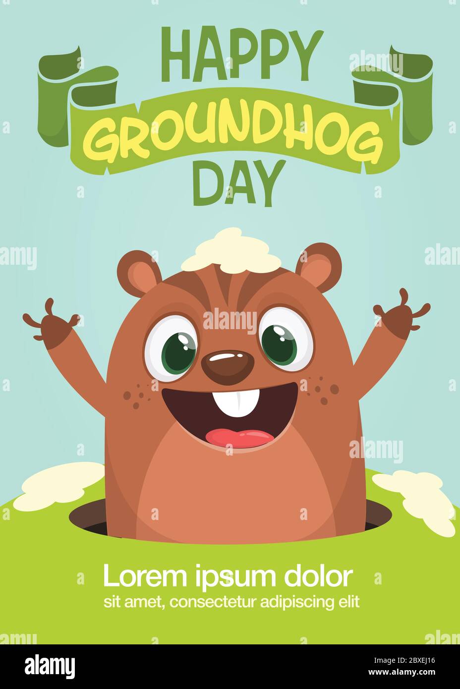 Cute cartoon marmot looking from hole in ground. Groundhog Day isolated ...