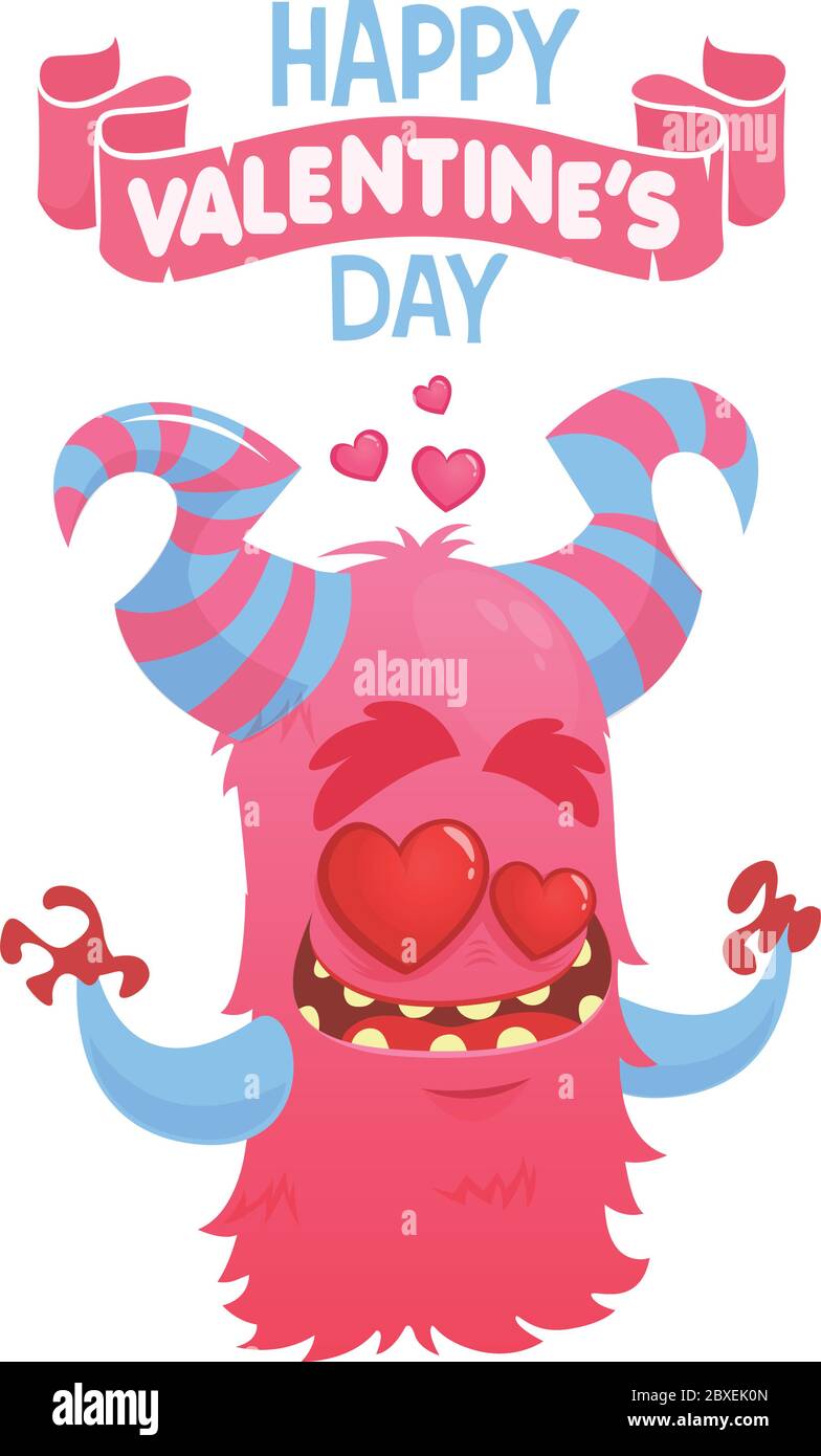 Cartoon pink horned monster in love. Saint Valentine monster. Vector ...