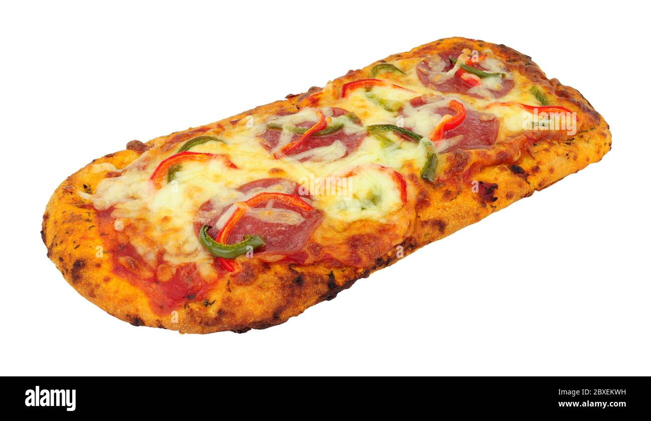 Pepperoni and cheese flat bread pizza isolated on a white background ...