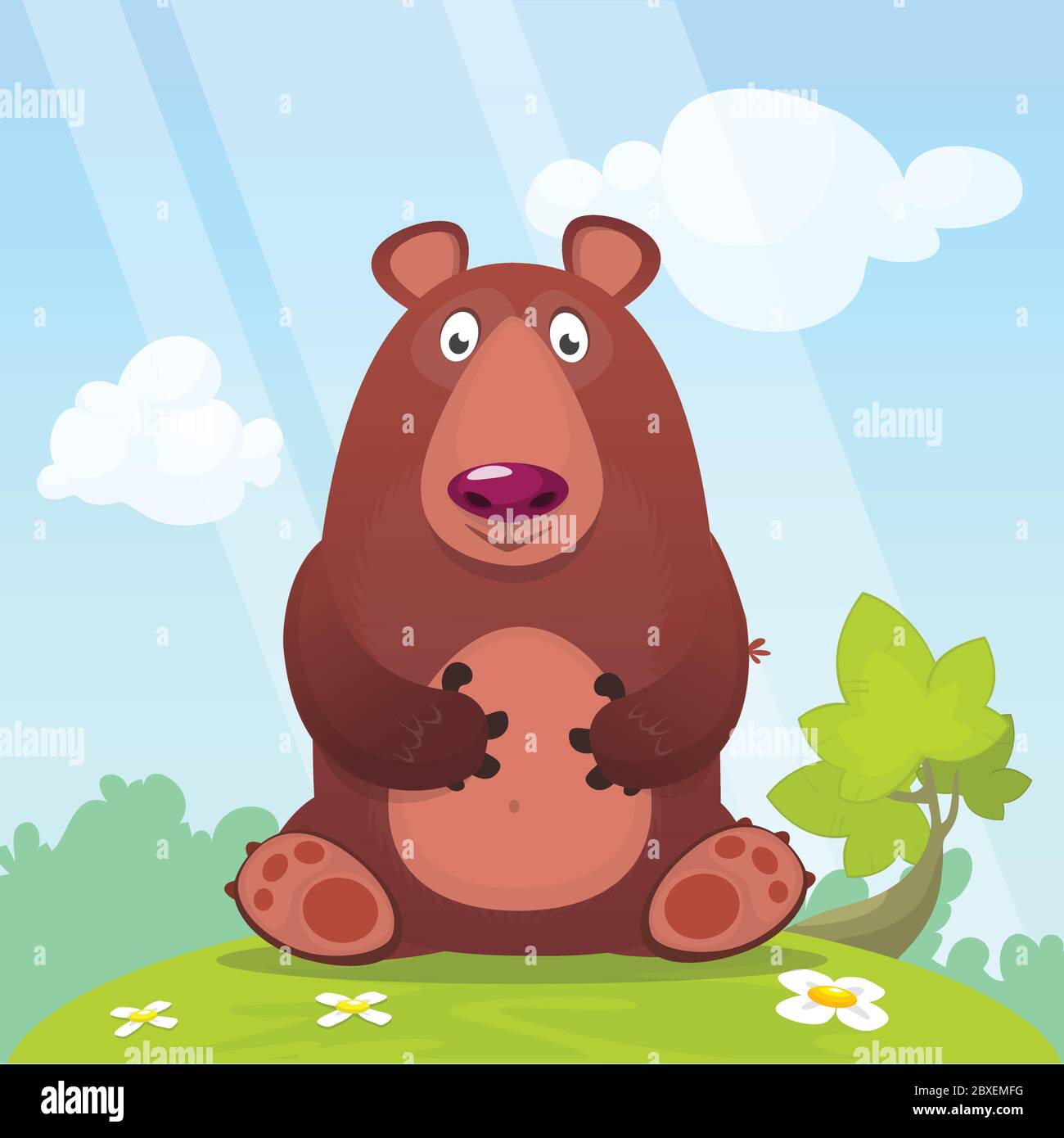 Cartoon small baby bear sitting in the green summer meadow Vector ...