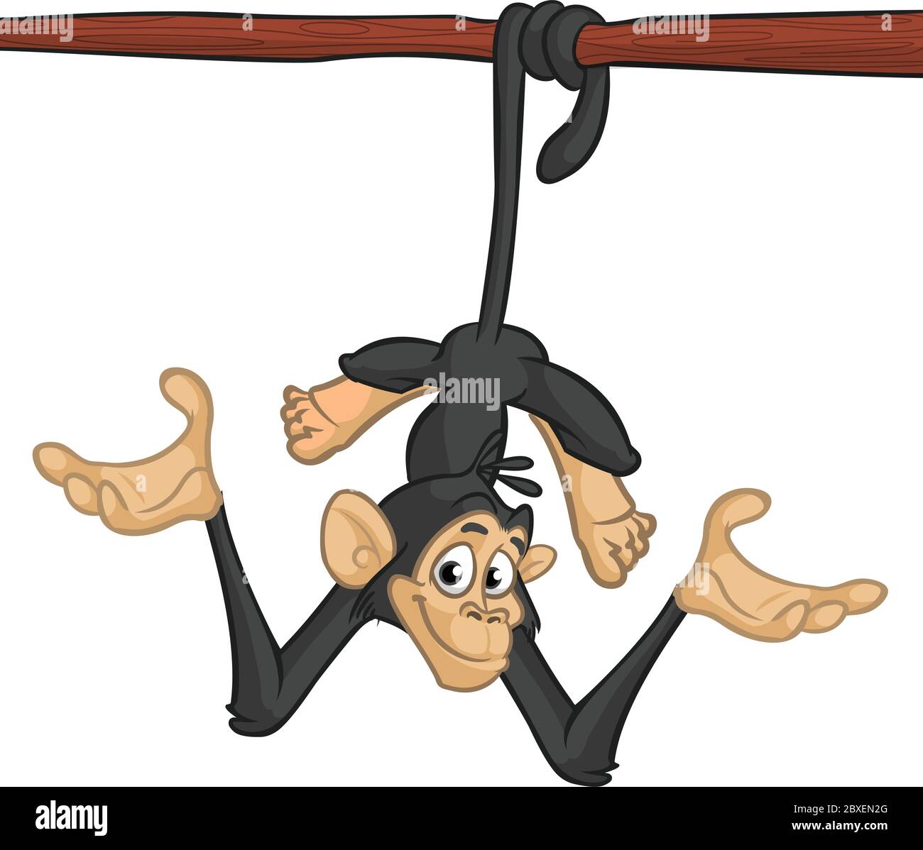 Cute cartoon chimpanzee monkey hang down the tree. Vector illustration ...