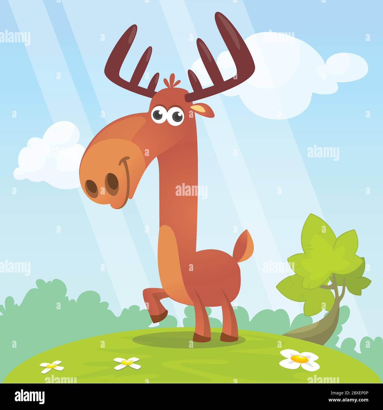 Funny cartoon moose standing in the meadow. Vector illustration Stock ...