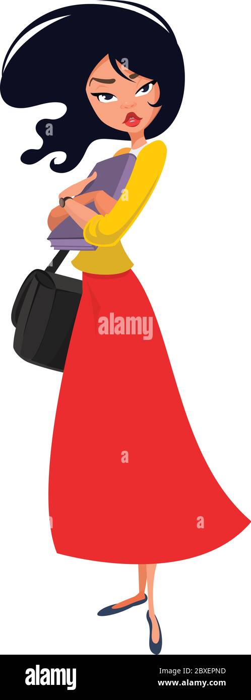 Cartoon model woman. Vector illustration of woman in red casual dress ...