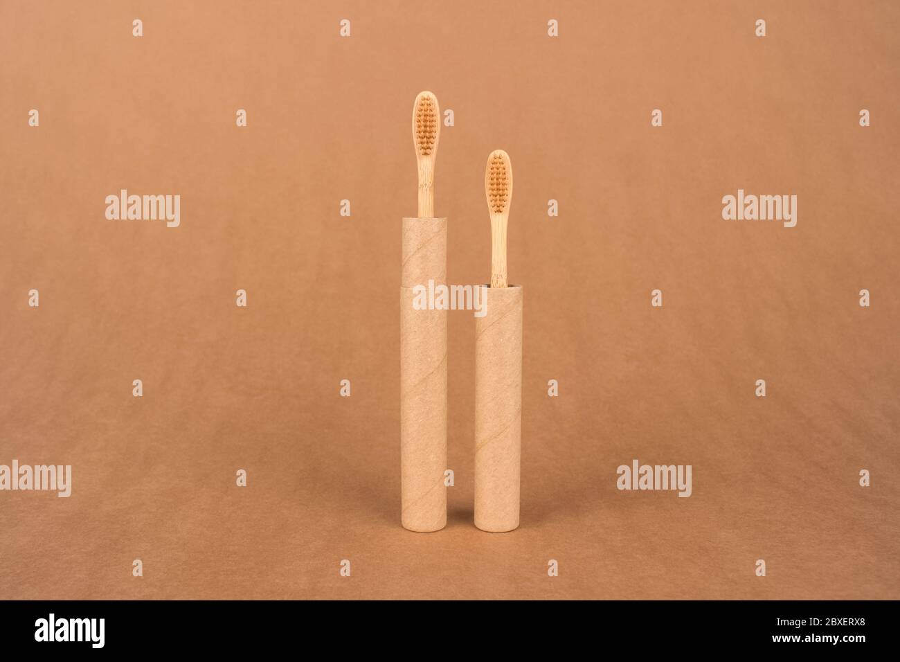 Two natural bamboo toothbrushes packed in reusable paper tube on brown ...