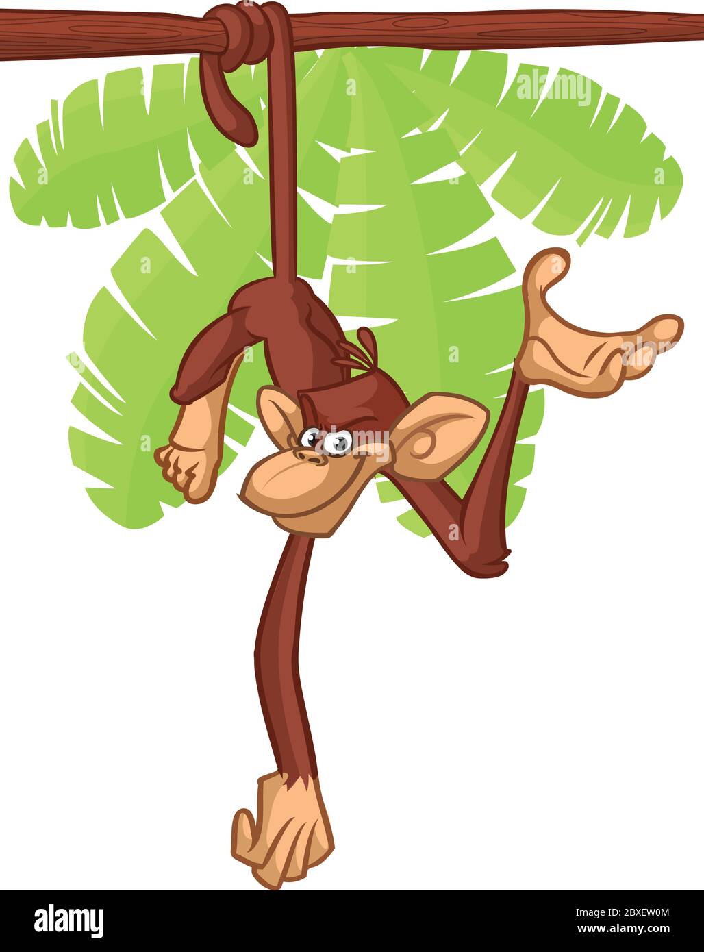 Cartoon Monkey Chimpanzee Hanging On Wood Branch Vector Illustration ...