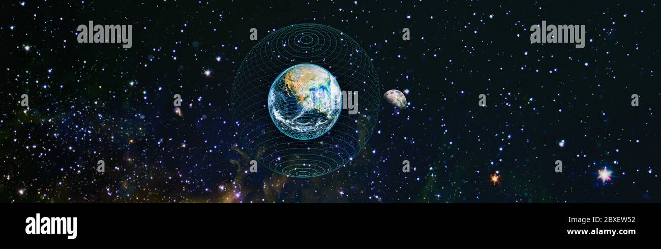 Earth in the outer space collage.Telecommunication network ...